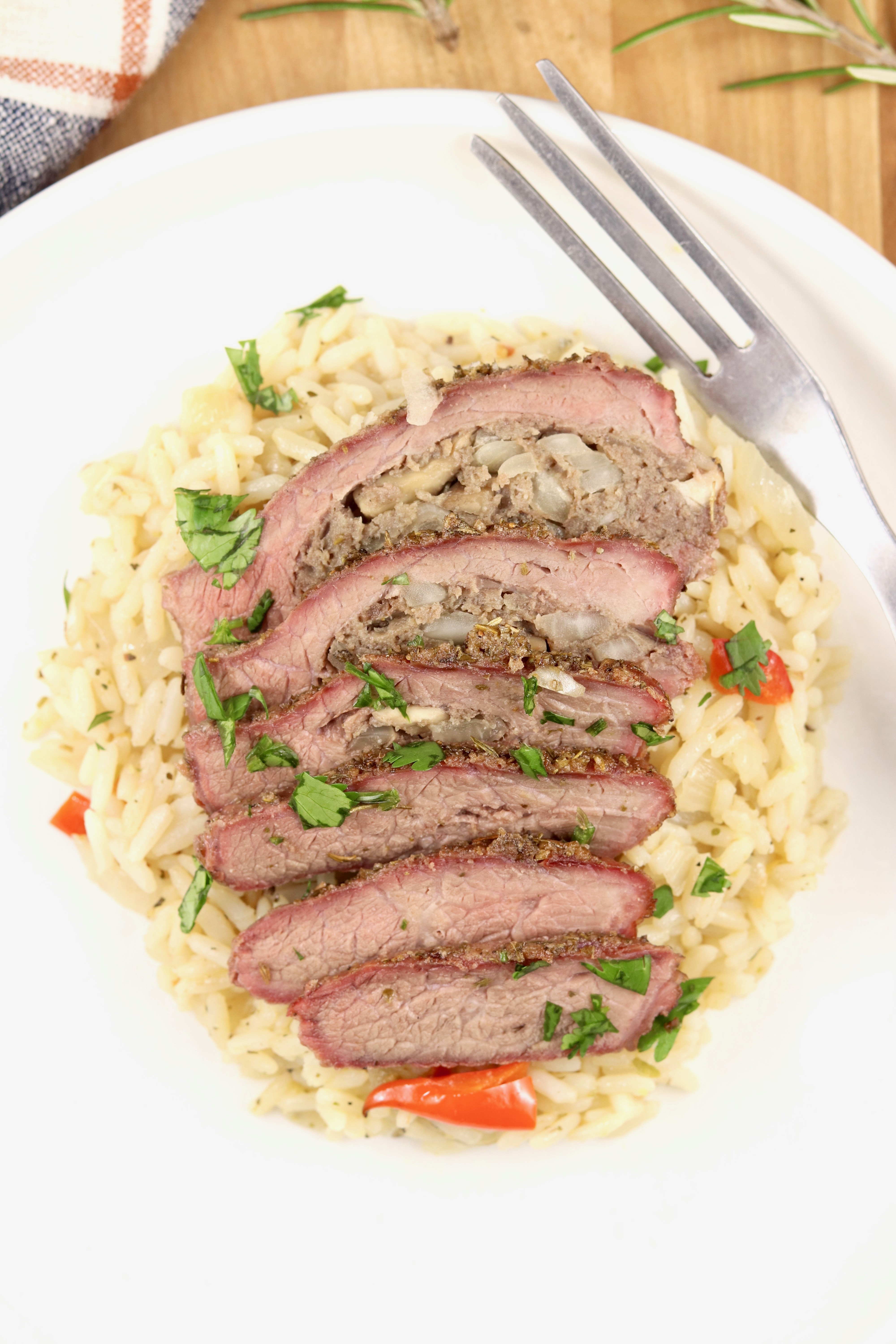 Stuffed Steak {with Sausage, Mushrooms & Onions} - Out Grilling